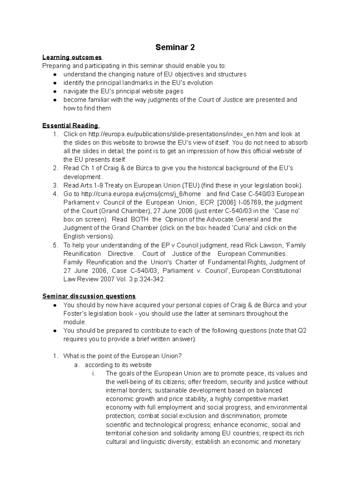 Seminar 2 notes - Seminar 2 Learning outcomes Preparing and ...