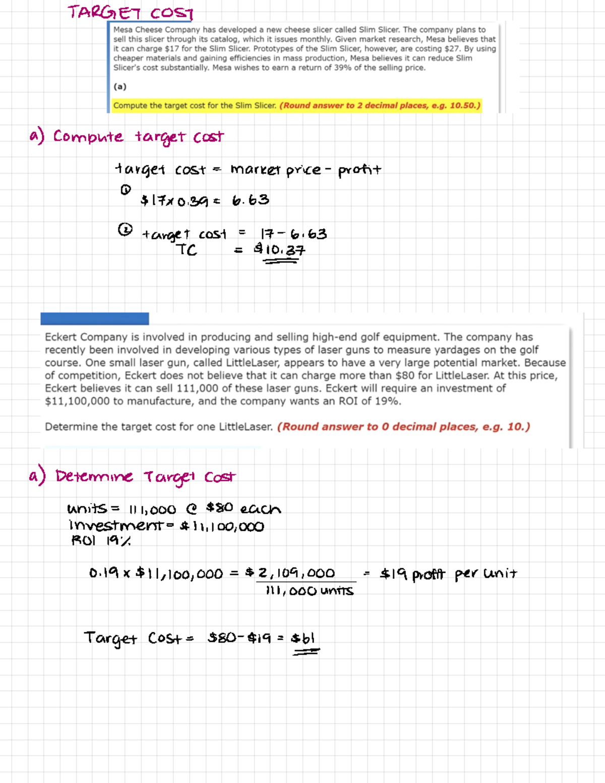 CH 9 Pricing in class practice questions - TARGET COST a) compute ...