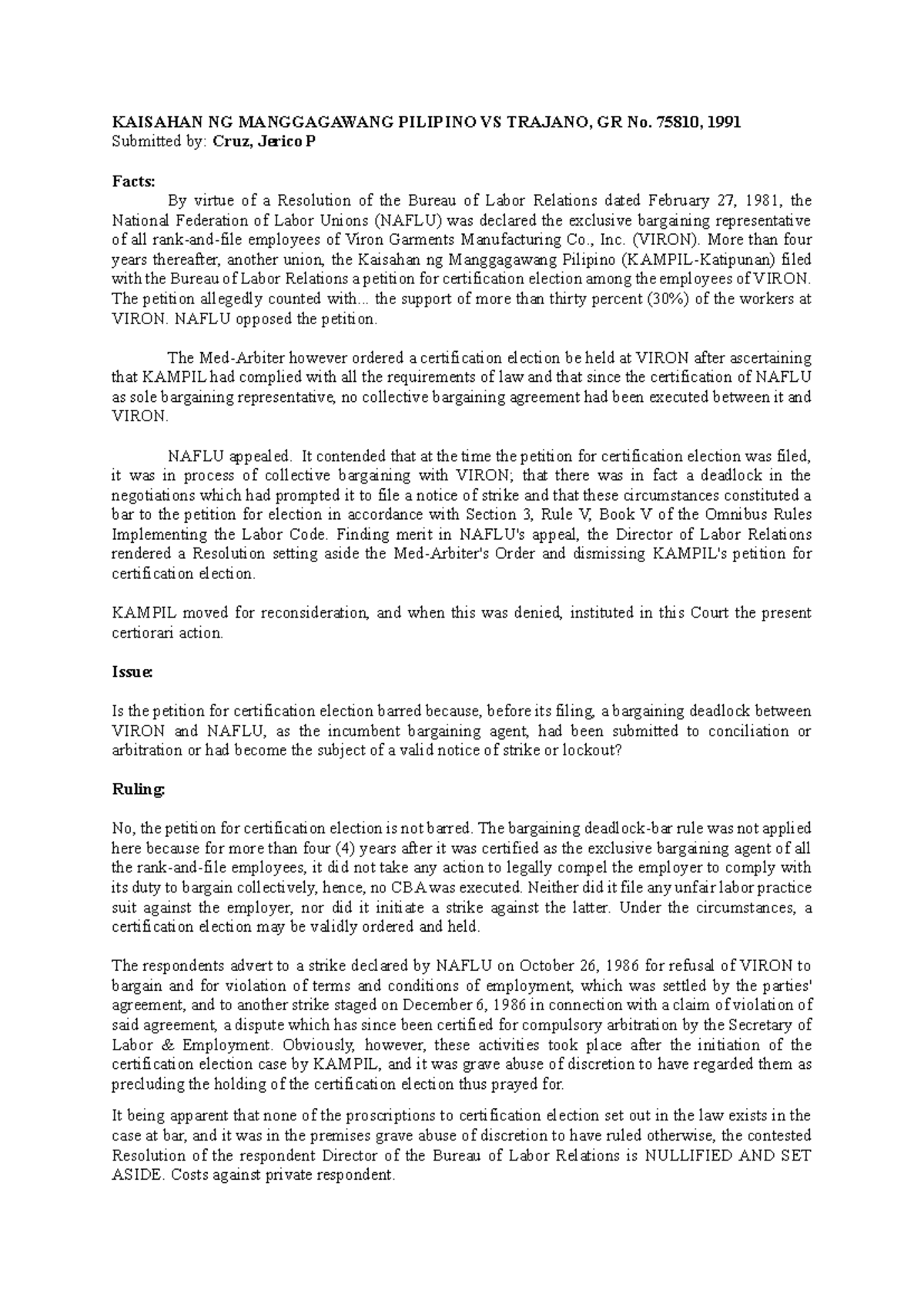 Kampil- Katipunan vs Trajano - KAISAHAN NG MANGGAGAWANG PILIPINO VS TRAJANO, GR No. 75810, 1991 ...