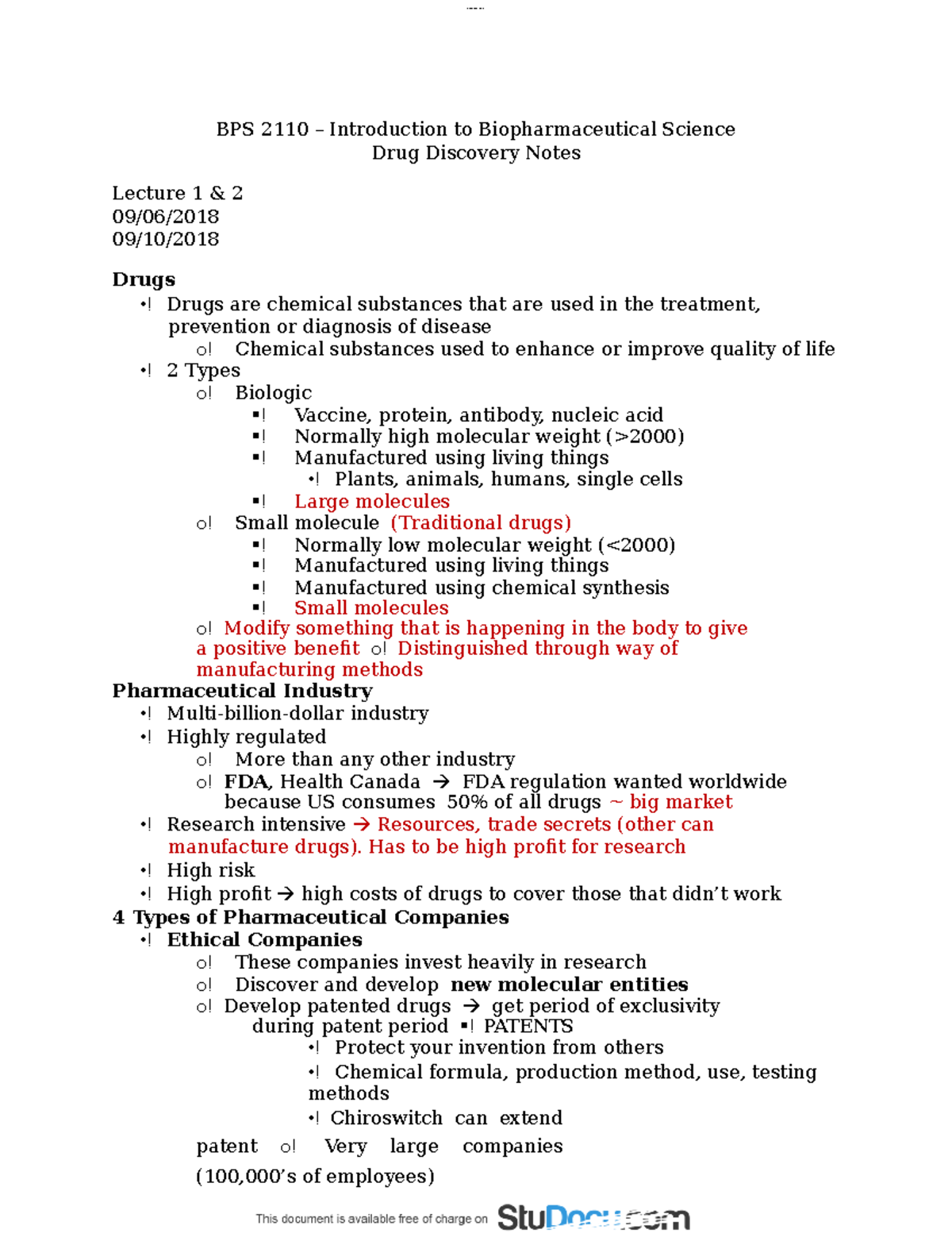 Topic 1 - BPS 2110 – Introduction to Biopharmaceutical Science Drug ...
