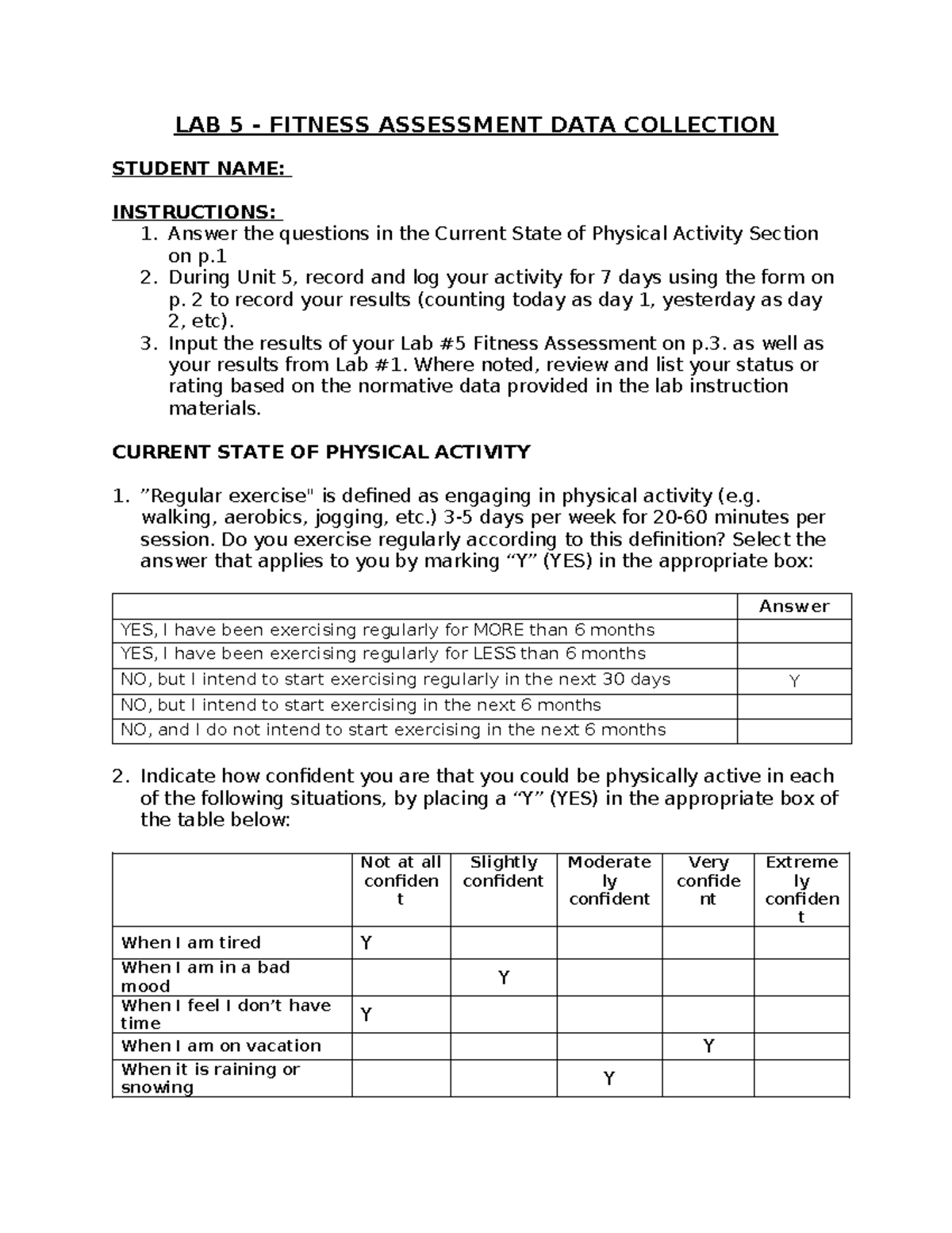 LAB 5 - Assignment - LAB 5 - FITNESS ASSESSMENT DATA COLLECTION STUDENT NAME: INSTRUCTIONS: 1 ...