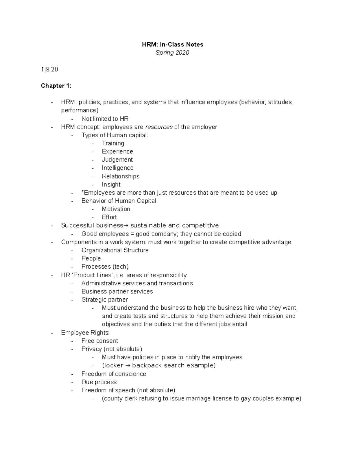 HRM In-Class Notes - HRM: In-Class Notes Spring 2020 1|9| Chapter 1 ...