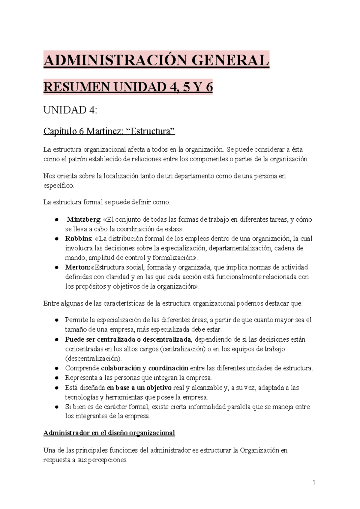 Administración General Resumen Unidad 4, 5 Y 6 - ADMINISTRACIÓN GENERAL ...