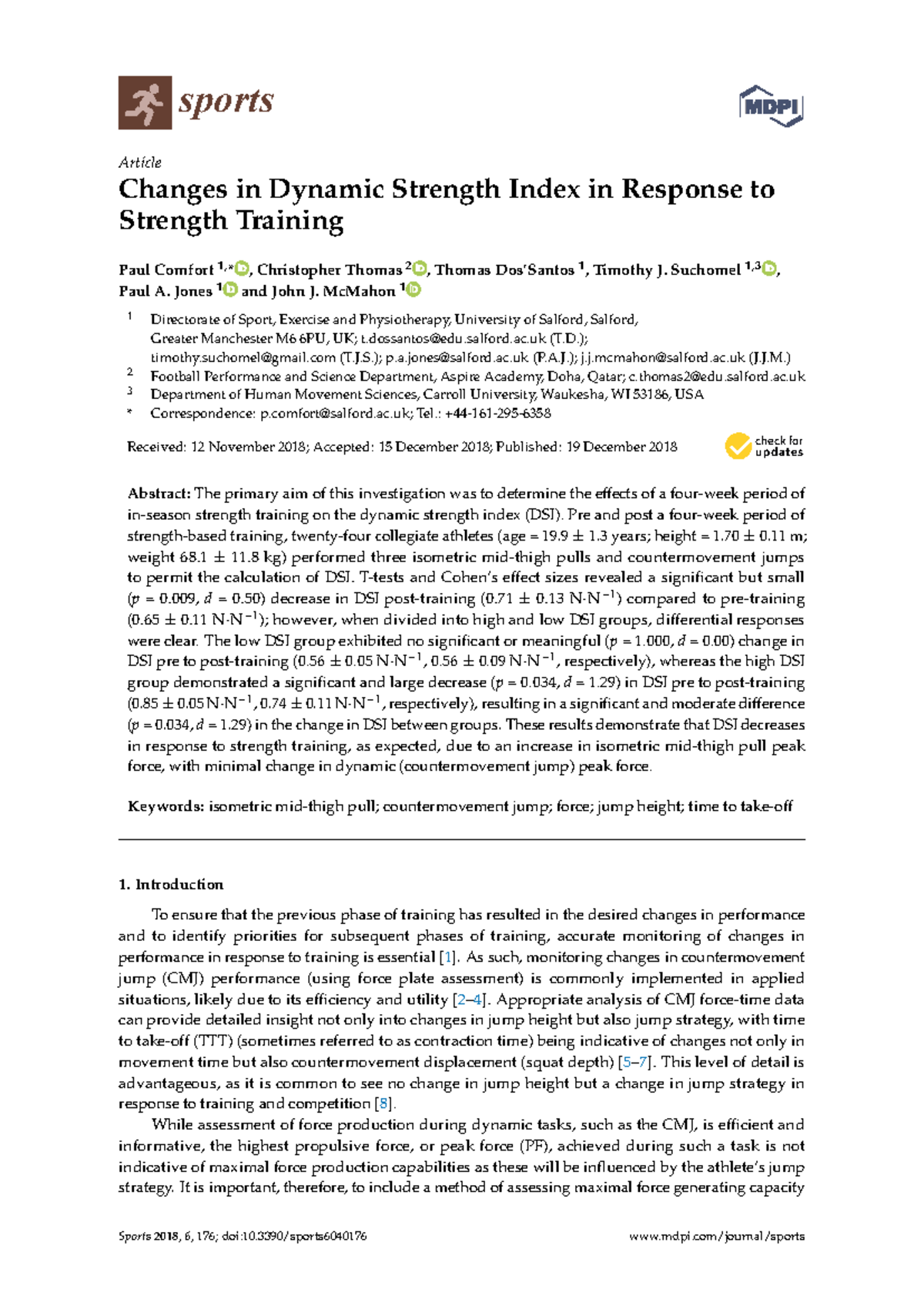 Changes in Dynamic Strength Index in Response to S - sports Article Changes in Dynamic Strength ...
