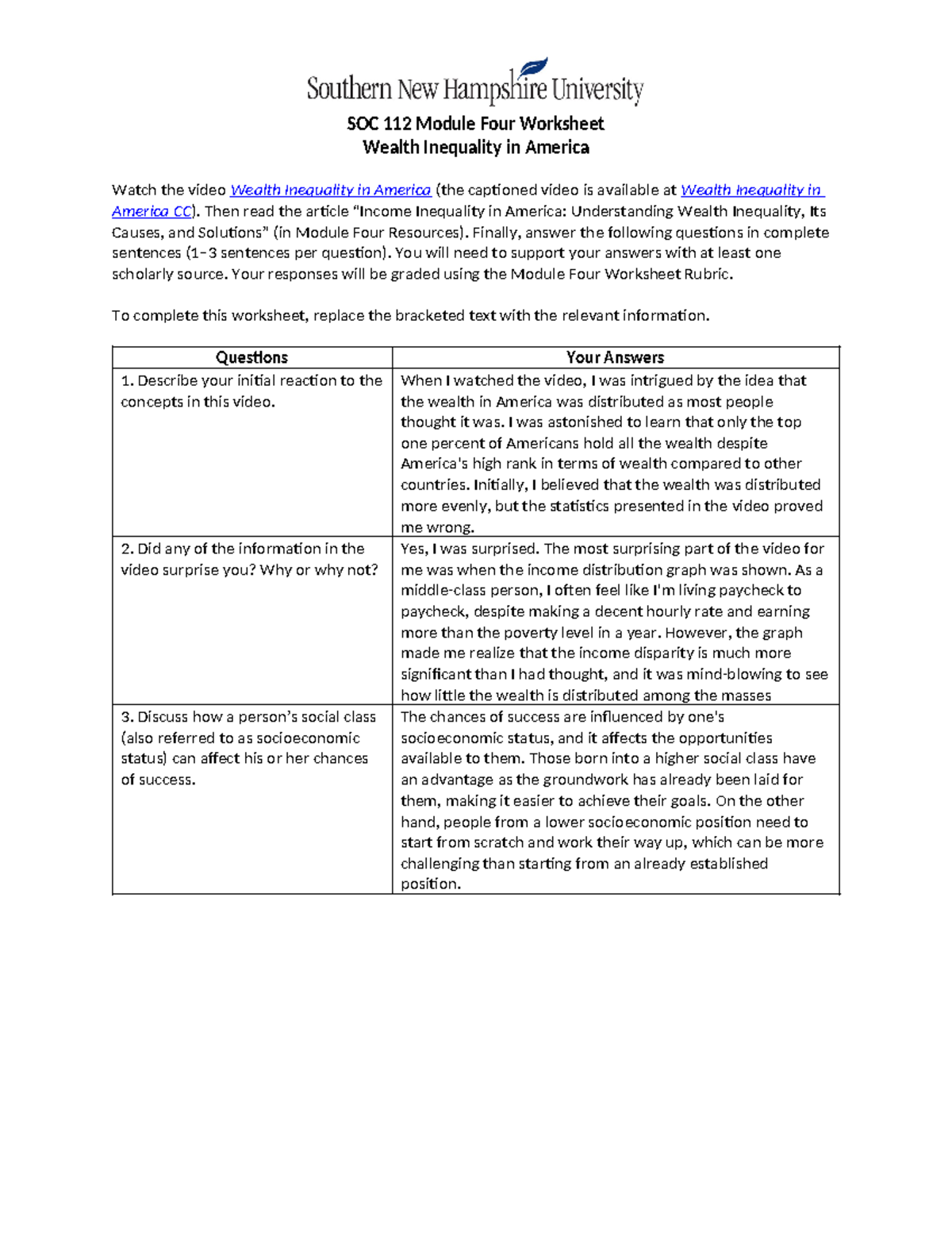 SOC 112 Module Four Worksheet - SOC 112 Module Four Worksheet Wealth ...