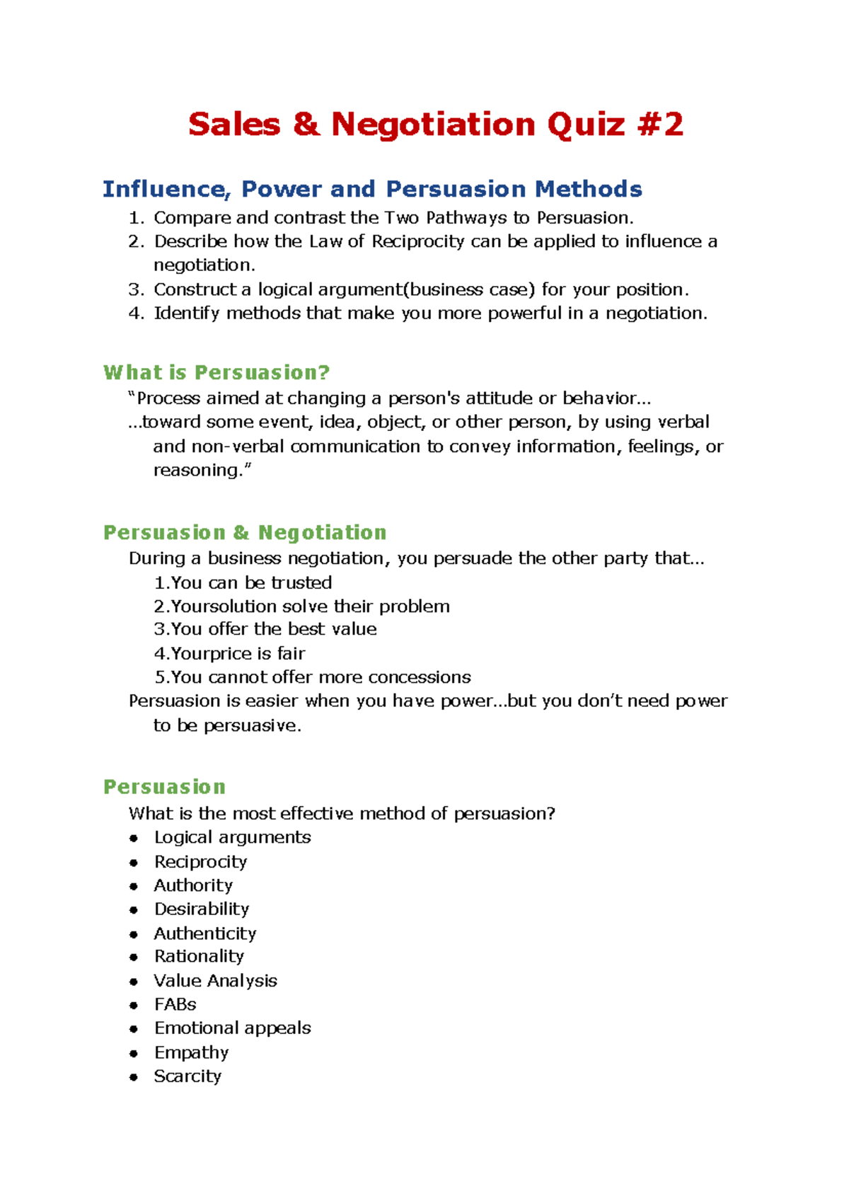 Sales-QUIZ-2 - Sales Quiz #2 Notes - Sales & Negotiation Quiz Influence ...
