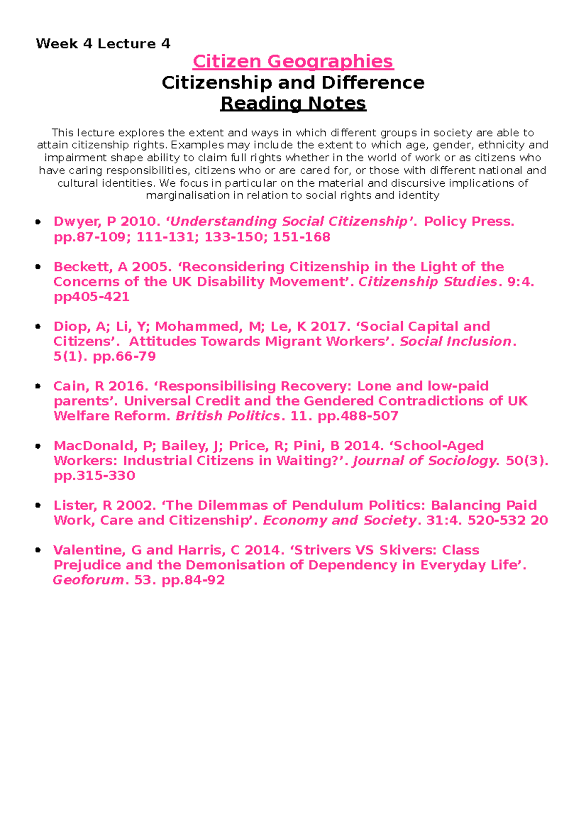 Week 4 Lecture 4 citizenship and difference reading notes - Week 4 ...