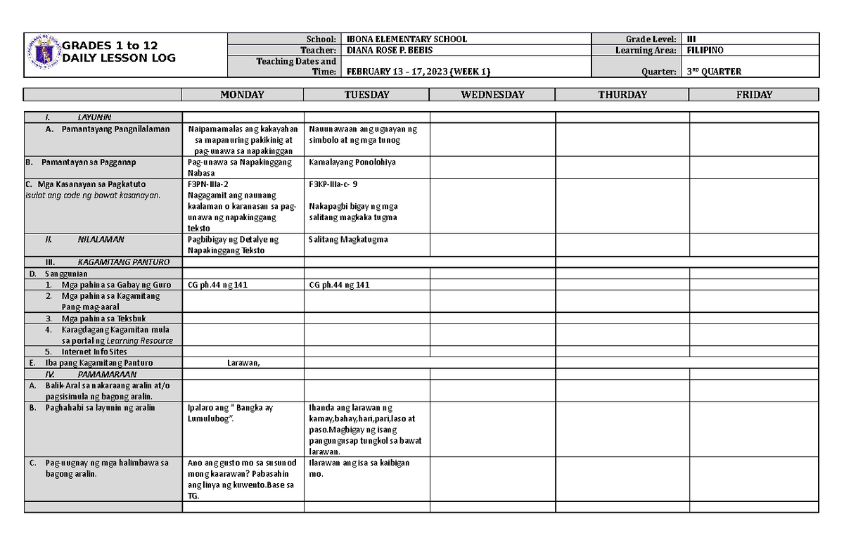 DLL Filipino 3 Q3 W1 - so interesting - GRADES 1 to 12 DAILY LESSON LOG ...
