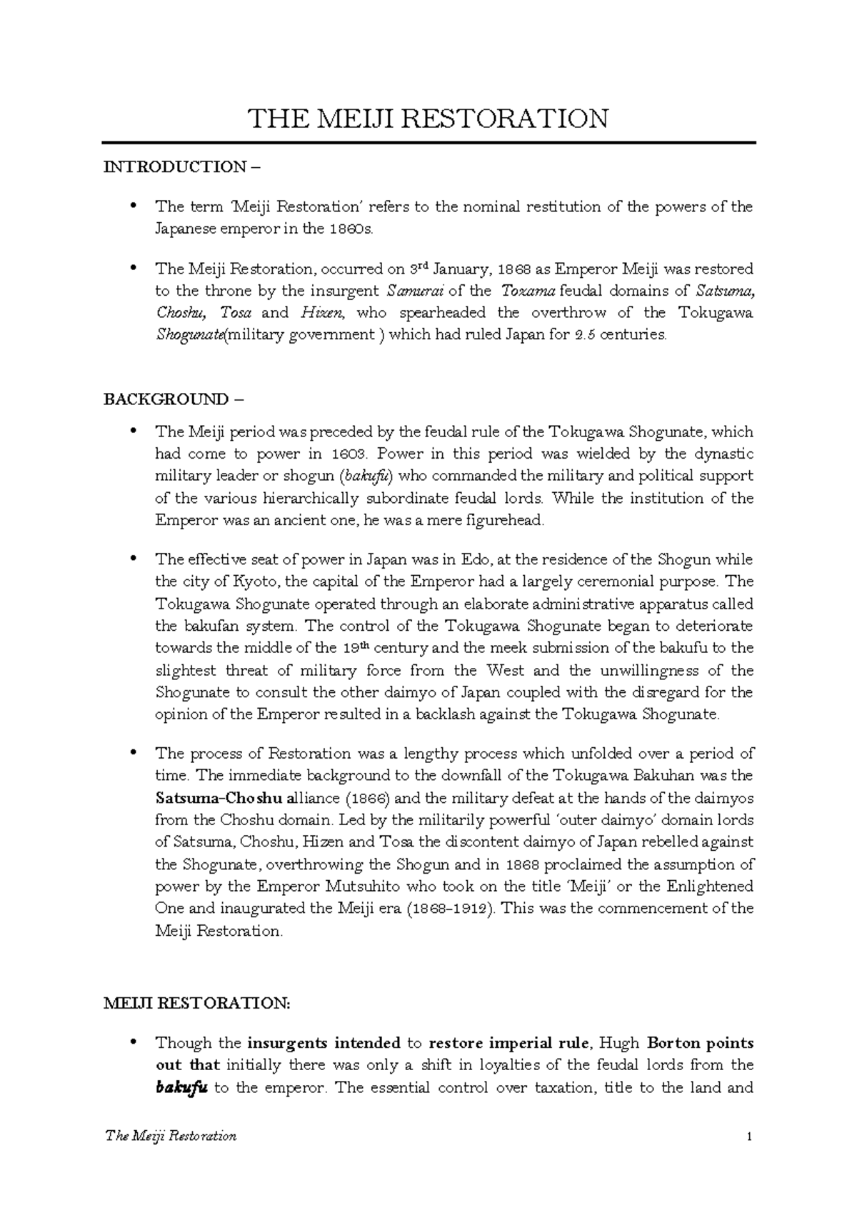 Meiji Restoration - THE MEIJI RESTORATION INTRODUCTION – The term ...