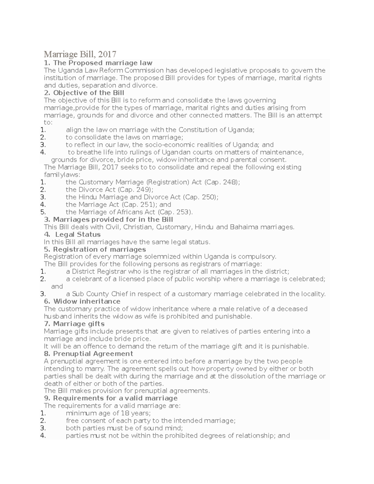 Marriage Bill 2017 - SUMMARY OF PARTICULAR AREAS - Marriage Bill, 2017 ...