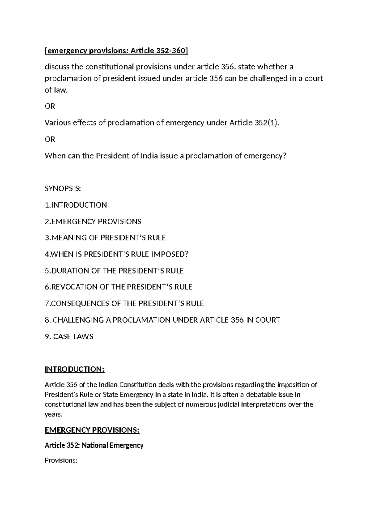 Emergency provisions - notes - [emergency provisions: Article 352-360 ...