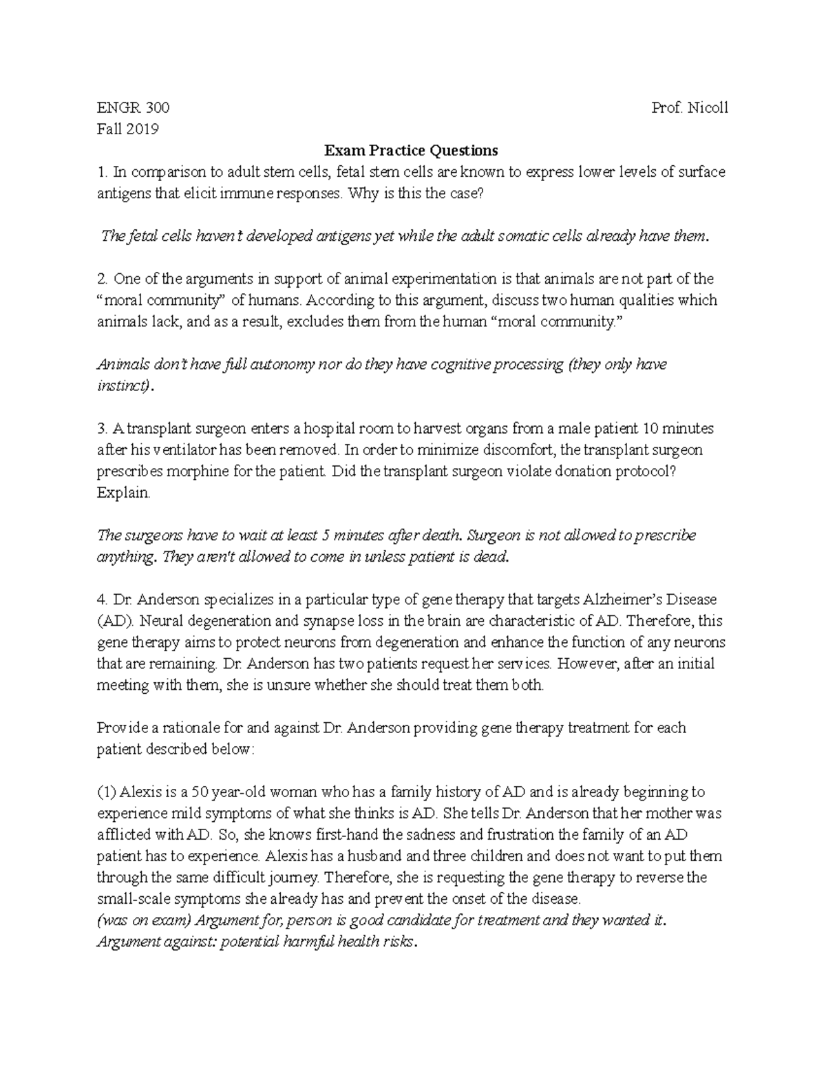 Ethics Exam Review Problems and Solutions - ENGR 300 Prof. Nicoll Fall 2019 Exam Practice ...