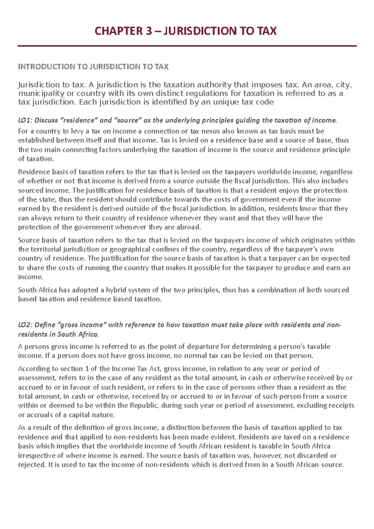 CHAP 3 Notes introduction to taxation law - ITAL6211 - Studocu