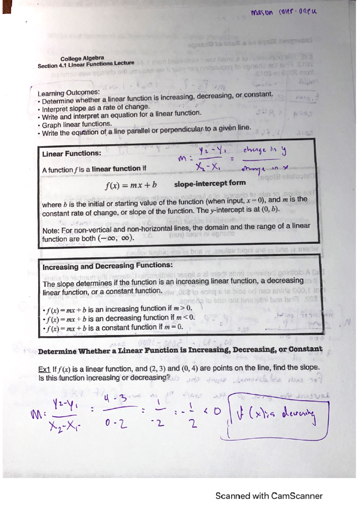 Algebra 2 Notes - College Algebra Section 4 Linear Functions Lecture ...
