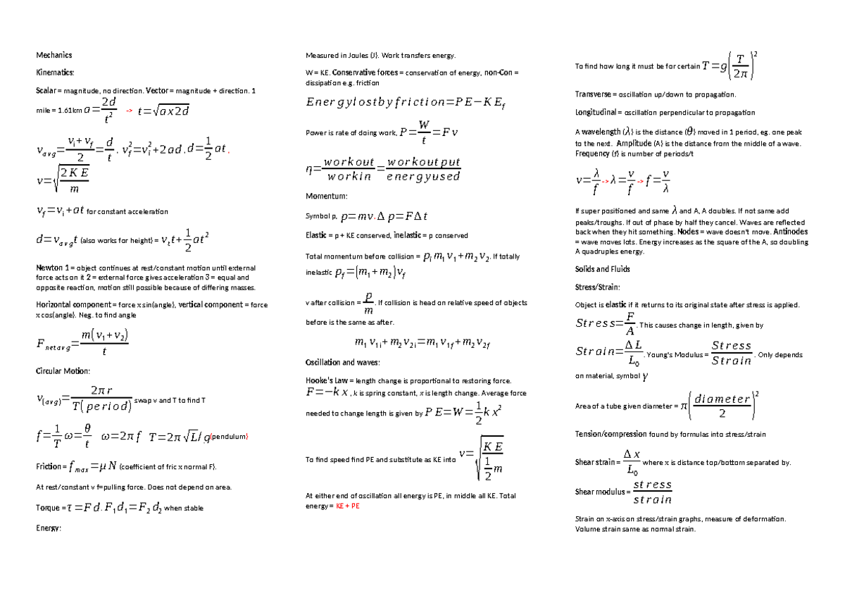 PHSI Cheat Sheet - Mechanics Kinematics: Scalar = magnitude, no ...