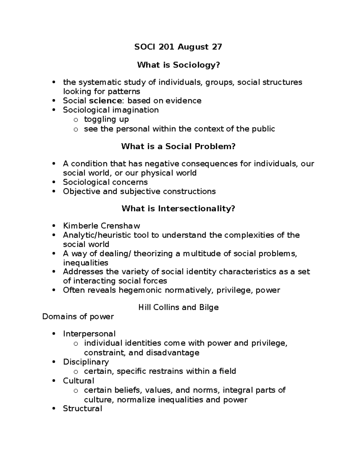 SOCI 201 August 27 - Notes from Social Problem Fall 2021. The professor ...