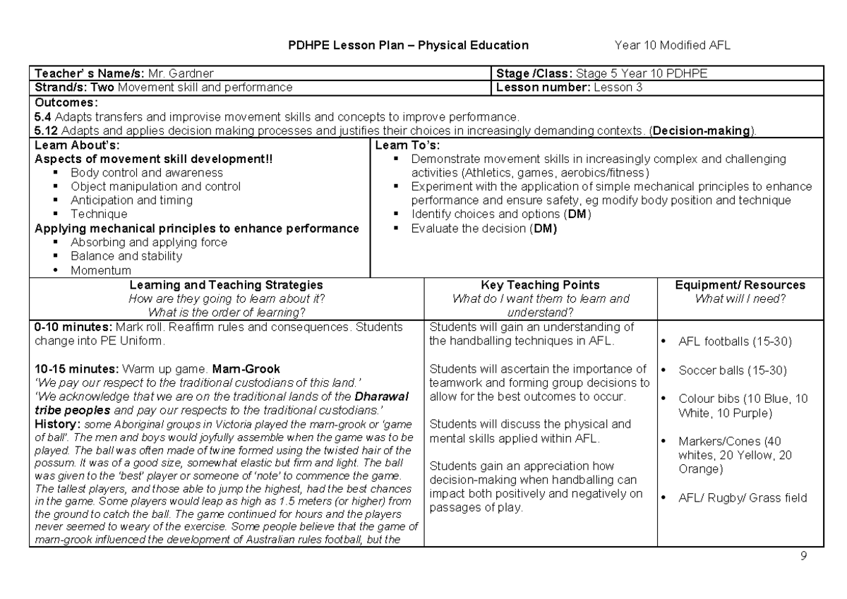 Afl lesson plan 3 - PDHPE Lesson Plan – Physical Education Year 10 ...
