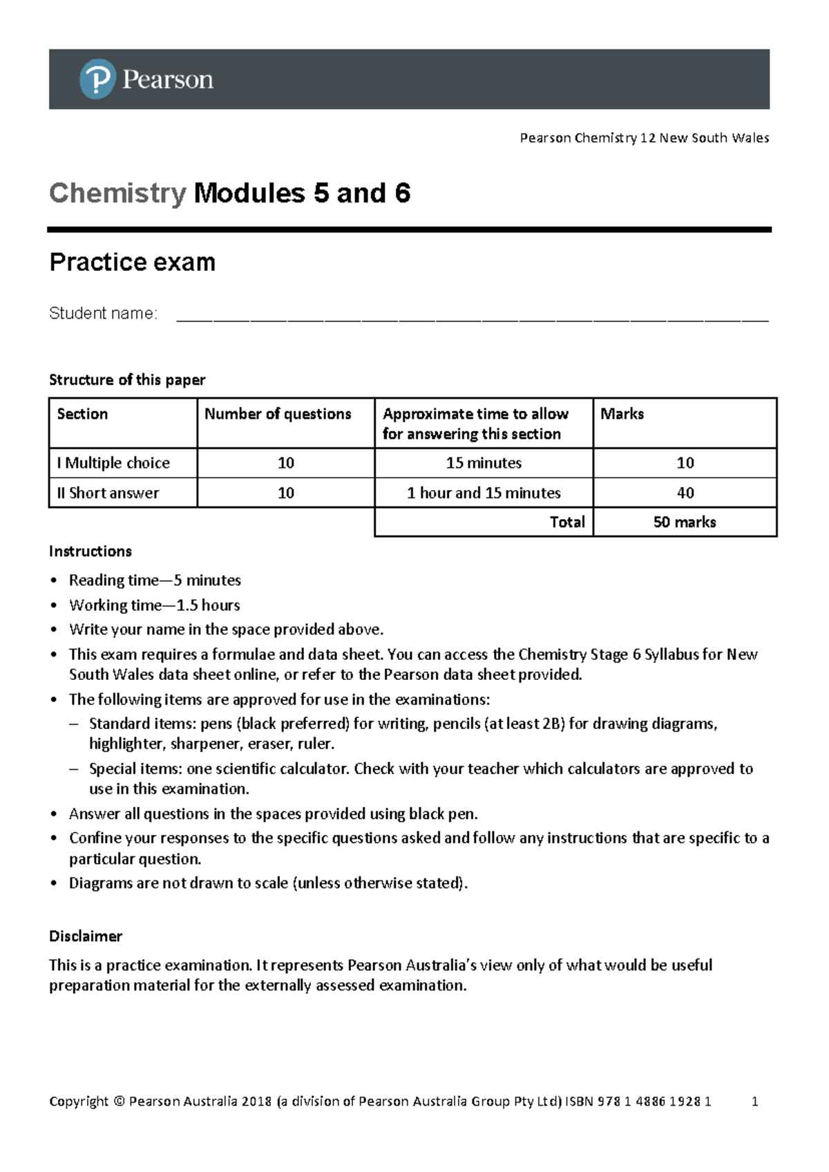 MOD 5 -6 PEARONS PRACTICE PAPER - Pearson Chemistry 12 New South Wales ...