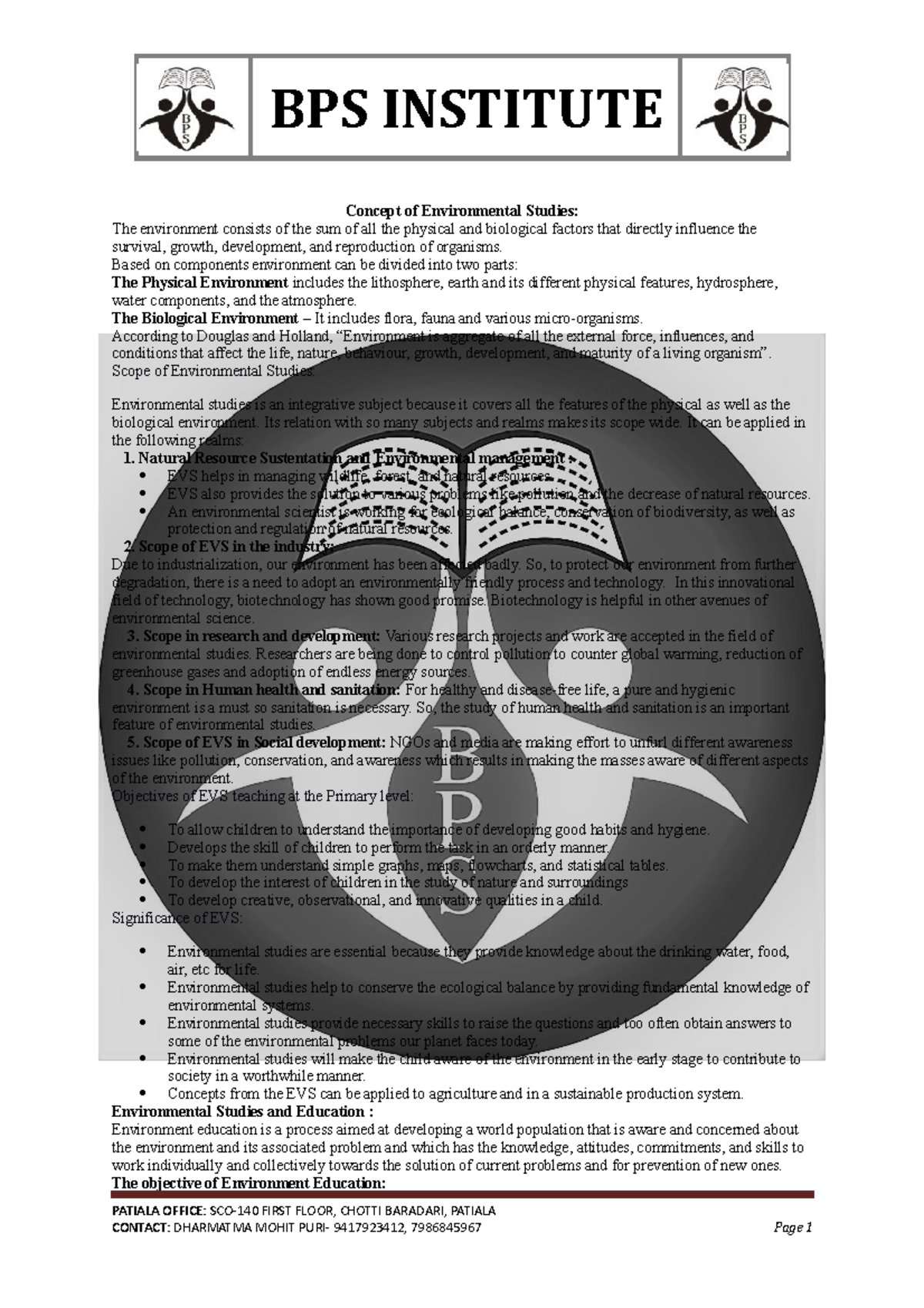 Concept and scope of evs - BPS INSTITUTE Concept of Environmental ...