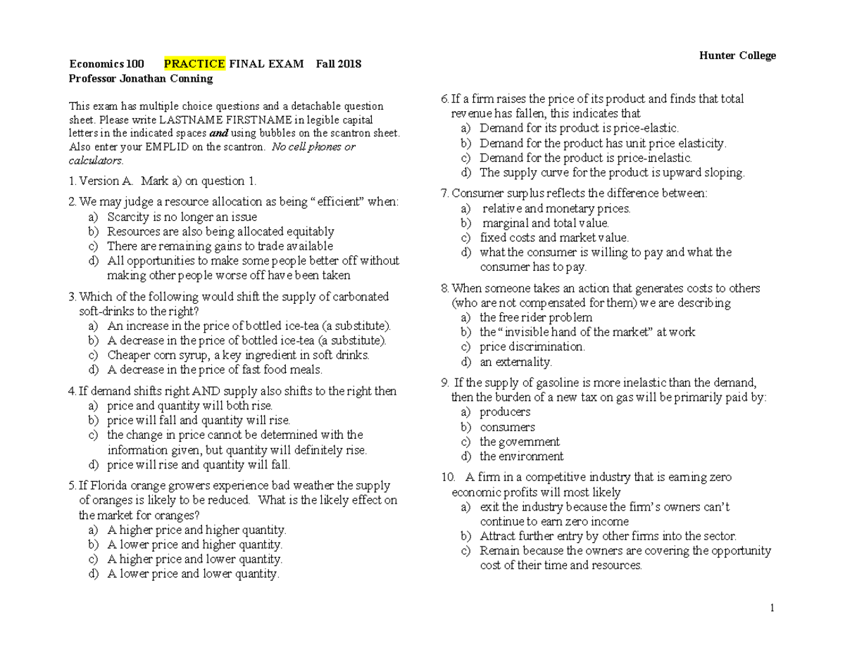 Practice Final Exam - Economics 100 PRACTICE FINAL EXAM Fall 2018 ...