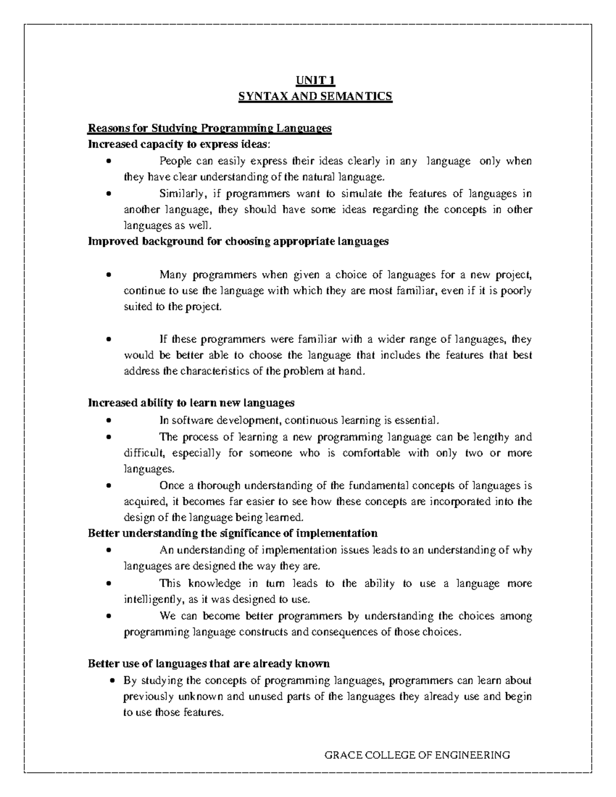 5 UNIT 1 - PPL - UNIT 1 SYNTAX AND SEMANTICS Reasons for Studying ...