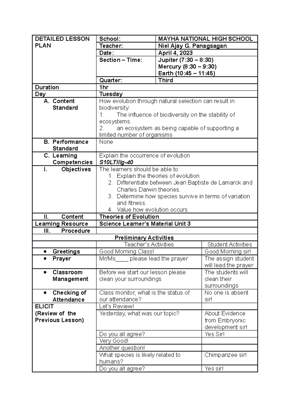 Detailed Lesson Planoccurrence - DETAILED LESSON PLAN School: MAYHA ...