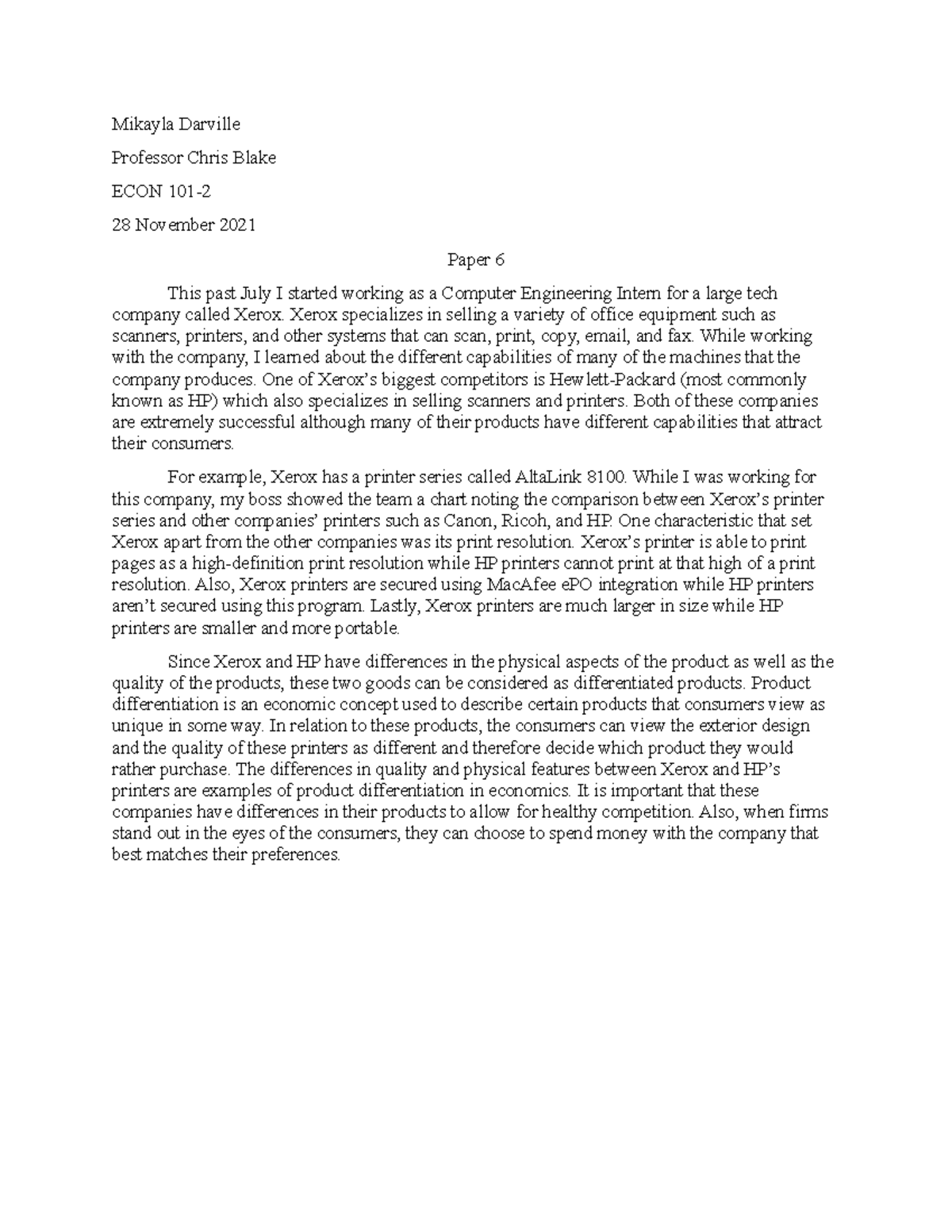 Economics Paper 6 - Mikayla Darville Professor Chris Blake ECON 101- 28 ...