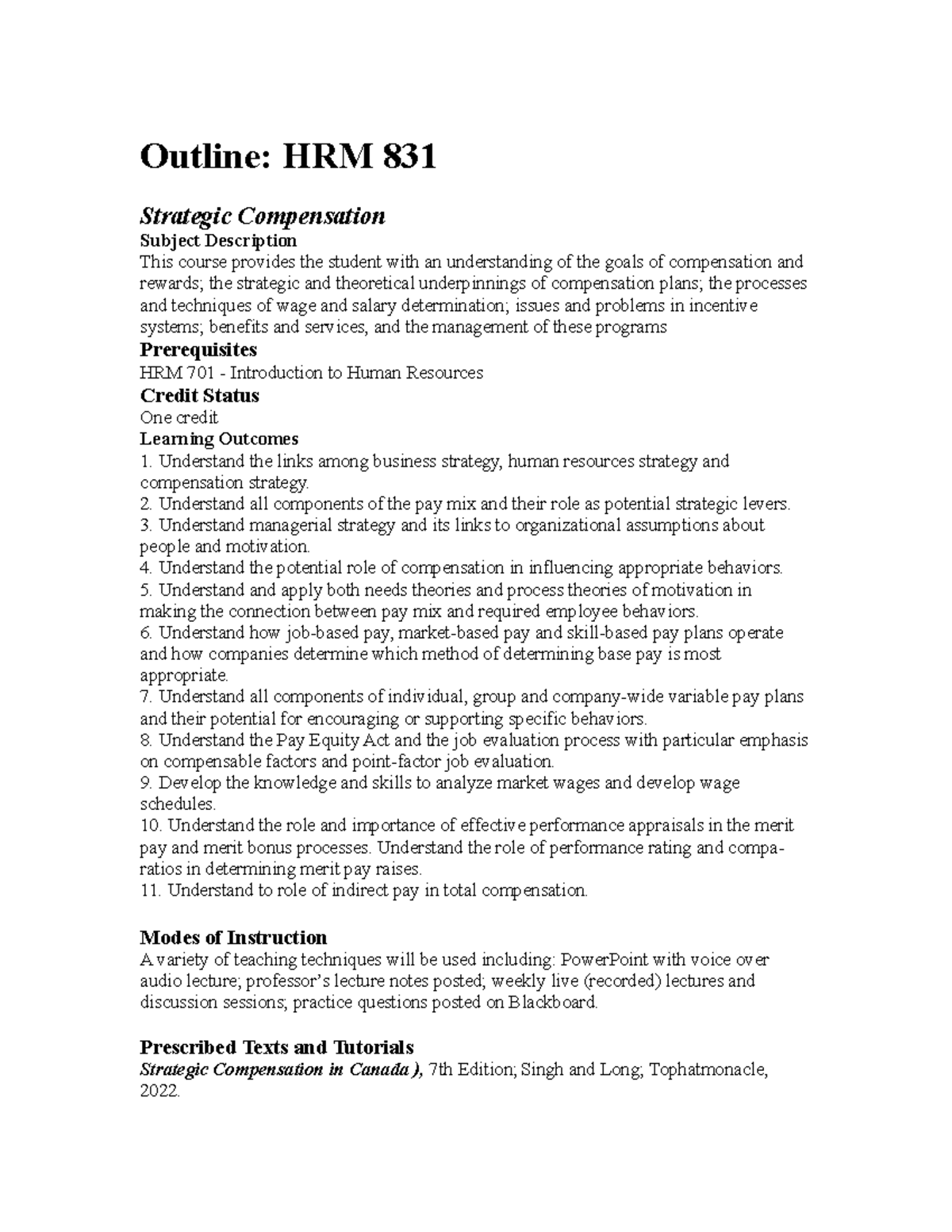 HRM 831 Course Outline Winter 2023 - Outline: HRM 831 Strategic ...