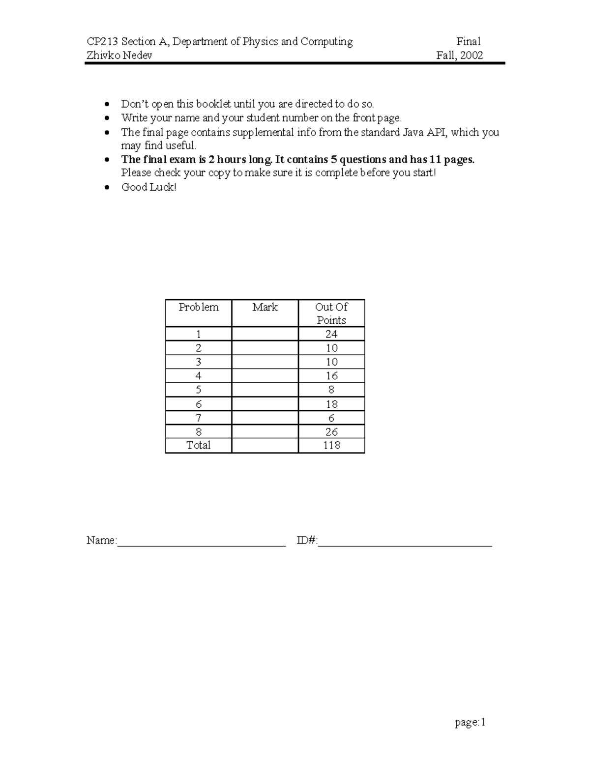 CP213 final exam 2002 with solutions - Zhivko Nedev Fall, 2002 Don’t ...