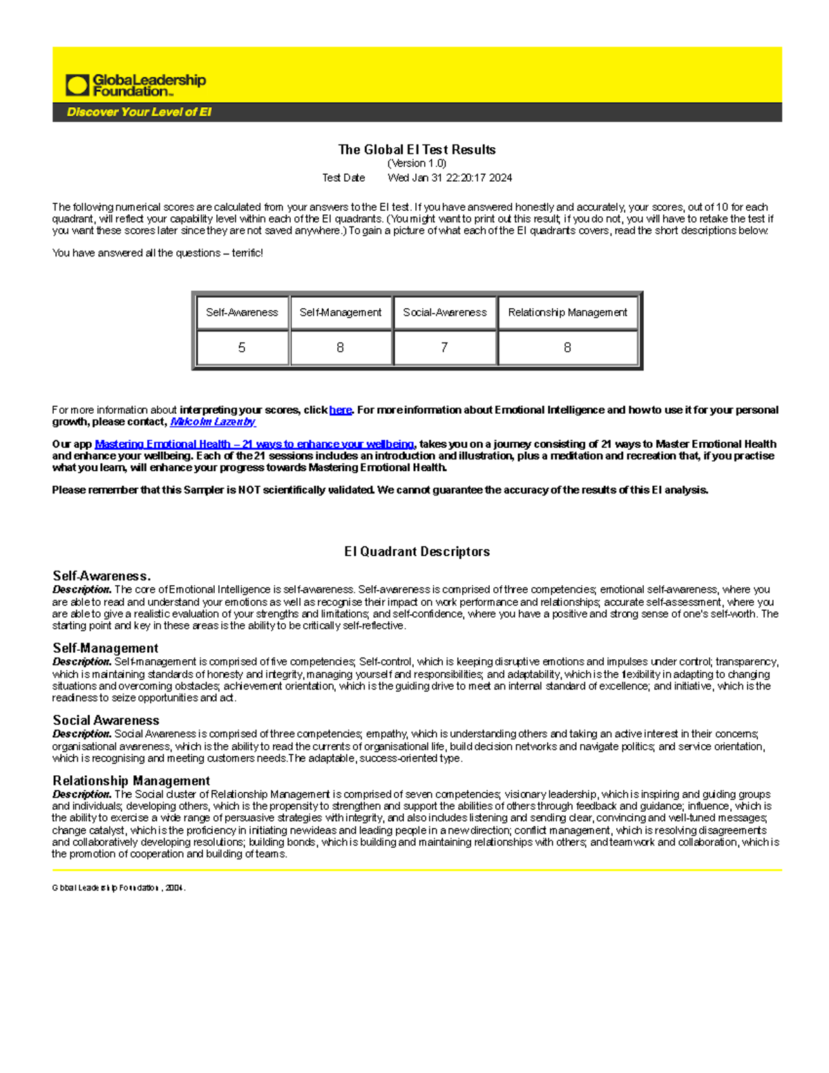 Emotional Intelligence Test - Results - The Global EI Test Results ...