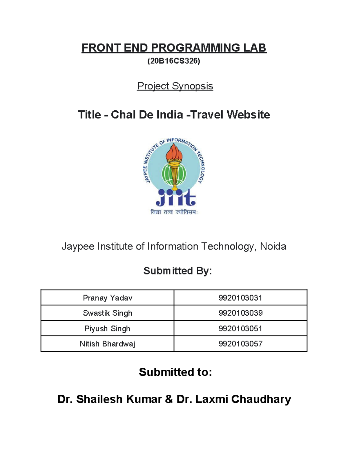 Frontend Project Synopsis - Database Management Systems - FRONT END PROGRAMMING LAB (20B16CS326 ...