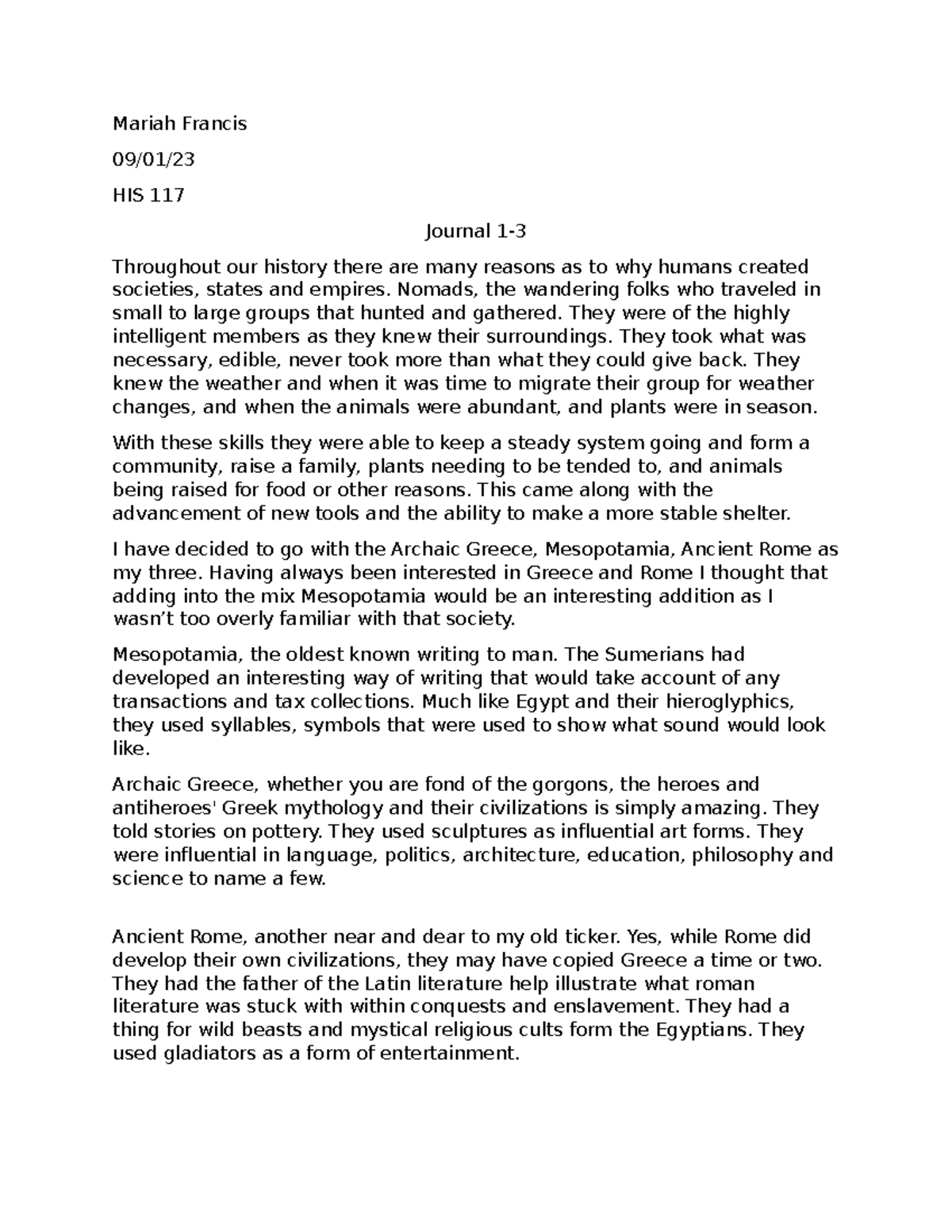 23 - course work - Mariah Francis 09/01/ HIS 117 Journal 1- Throughout ...