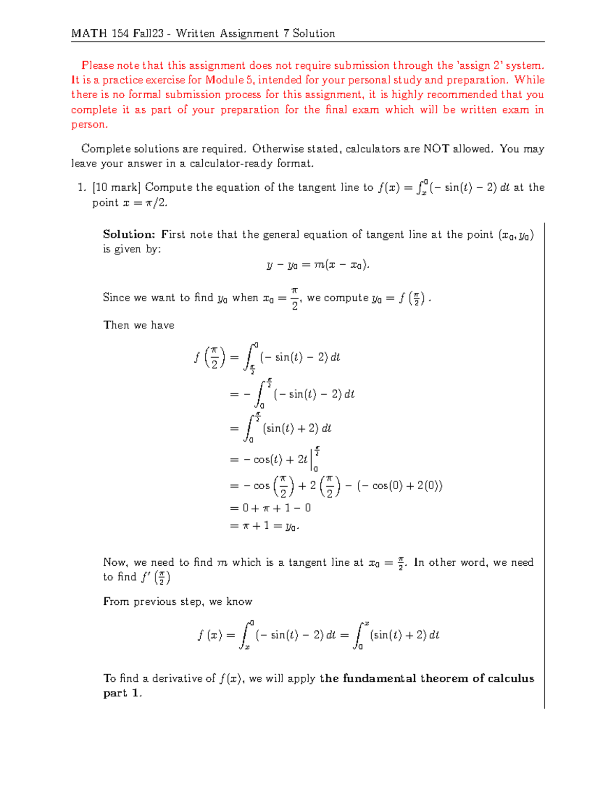 MATH 154 W.A. 7 Solutions - MATH 154 Fall23 - Written Assignment 7 Solution Please note that ...