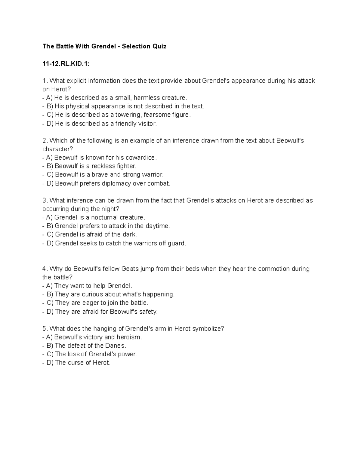 Battle with Grendel Quiz - The Battle With Grendel - Selection Quiz 11 ...