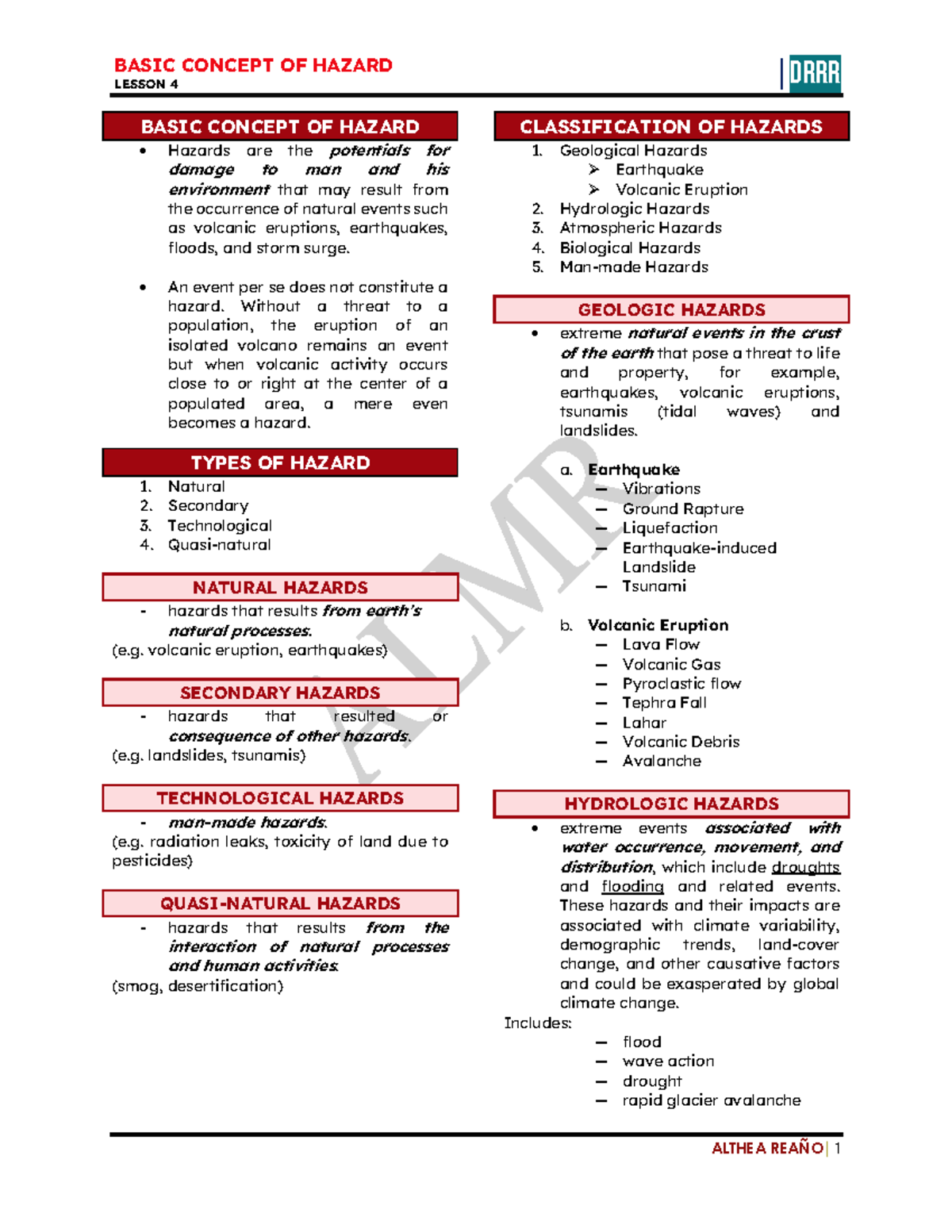 DRRR Lesson 4 Reviewer - |DRRR ALTHEA REAÑO| 1 BASIC CONCEPT OF HAZARD ...