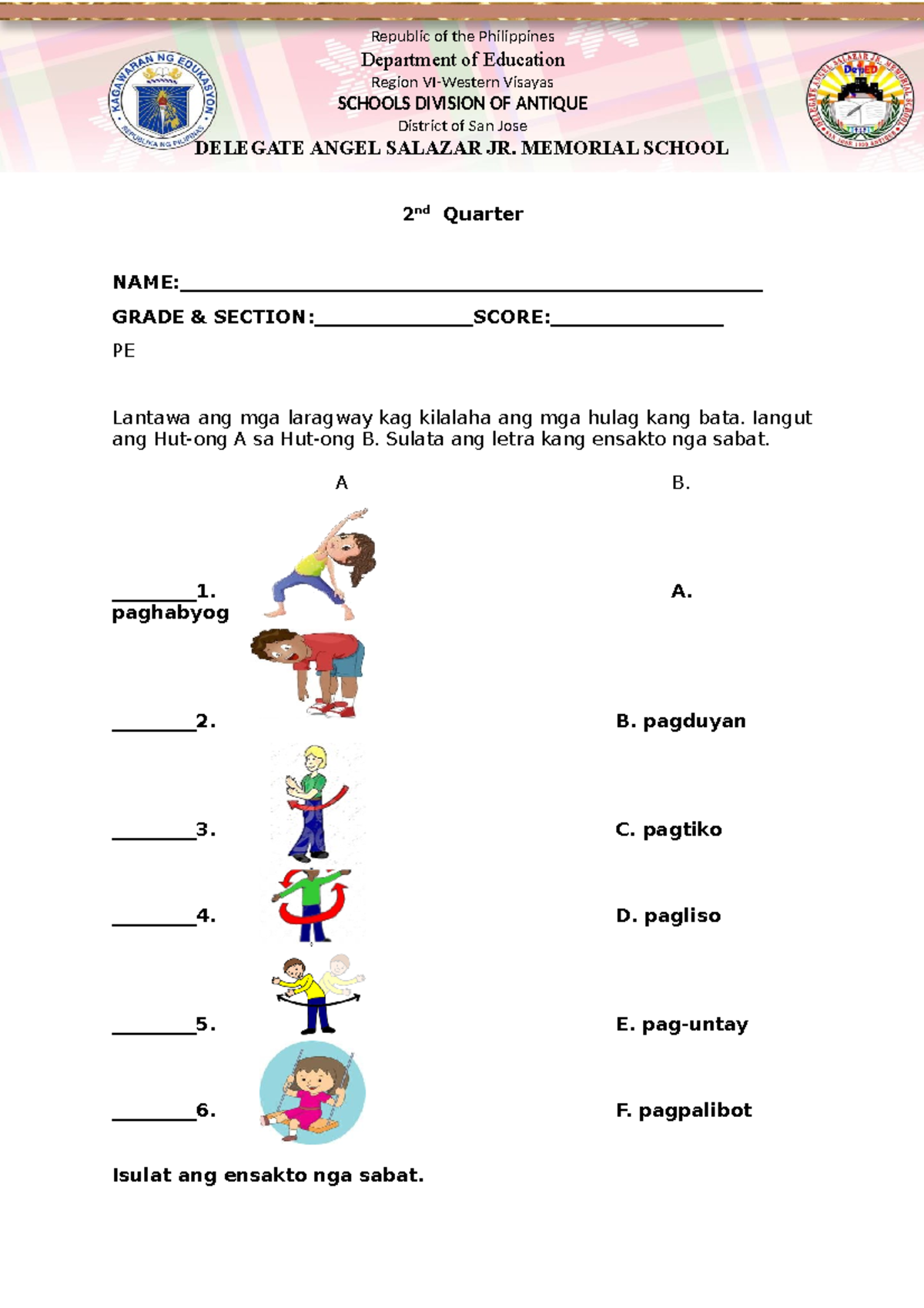 2nd Quarter - eXAM - 2 nd Quarter NAME ...