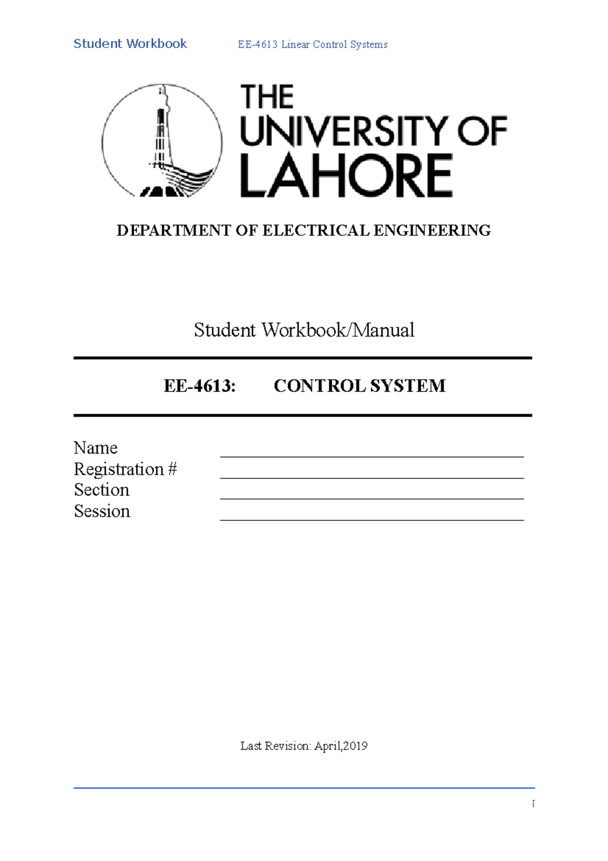 Control System WORK BOOK - DEPARTMENT OF ELECTRICAL ENGINEERING Student ...