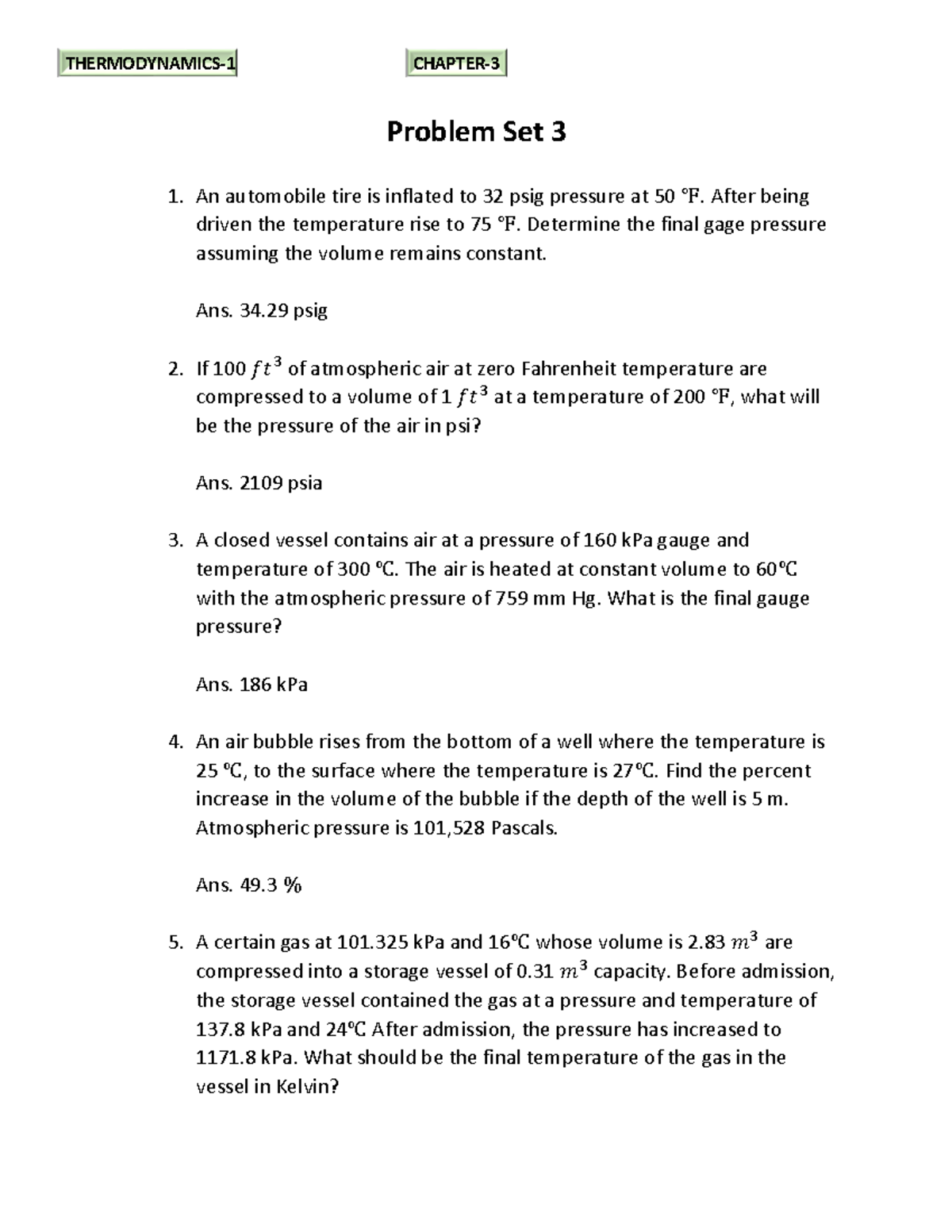 Thermodynamics 1- (Assignment Chapter 3) - THERMODYNAMICS-1 CHAPTER- Problem Set 3 An automobile ...