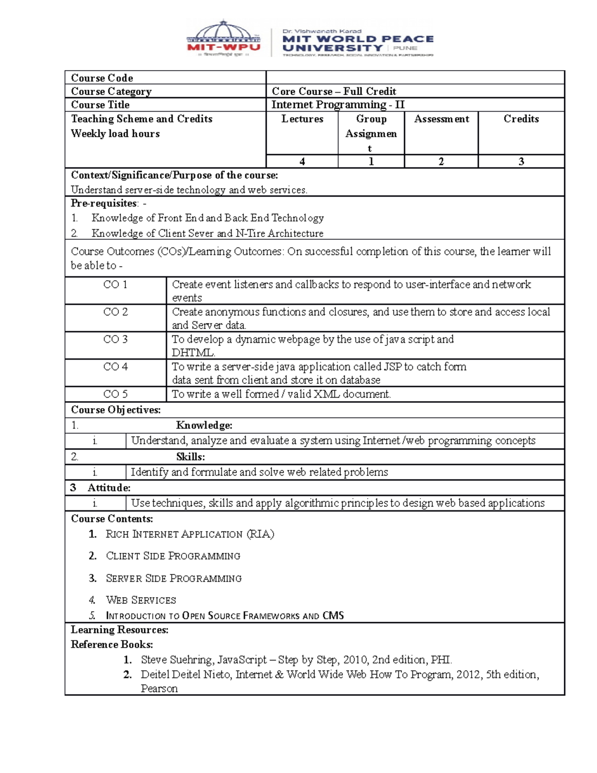 1 Internet Programming-II - Course Code Course Category Core Course ...