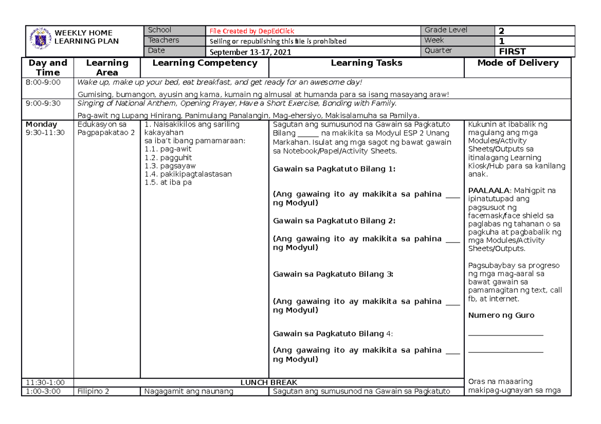 WHLP Grade 2 Q1 Week 1 - useful - WEEKLY HOME LEARNING PLAN School File ...