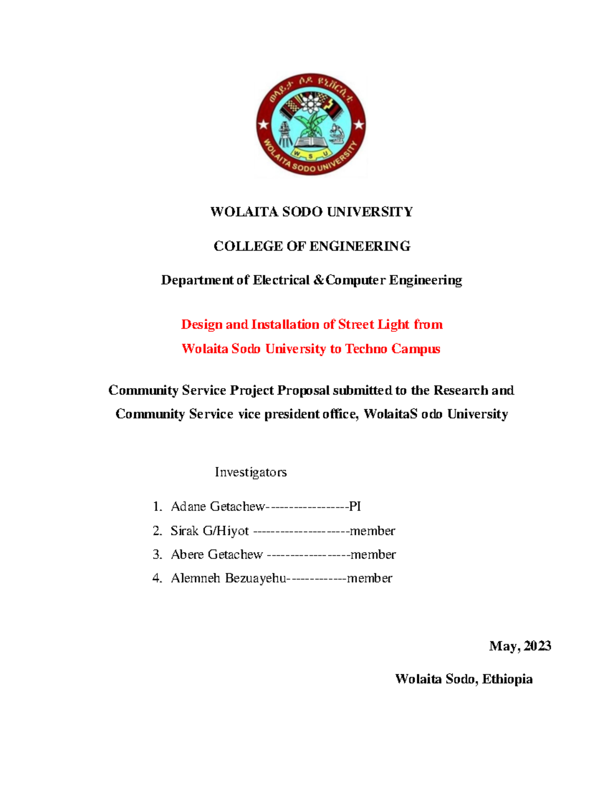 Adane Getachew WSU street lighting proposal - WOLAITA SODO UNIVERSITY ...