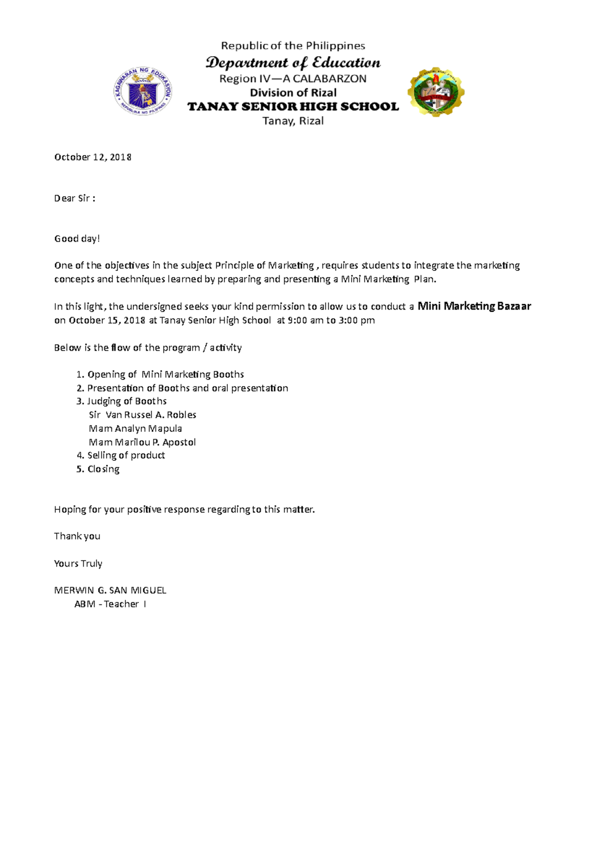 Letter solicitation - dddd - October 12, 2018 Dear Sir : Good day! One ...