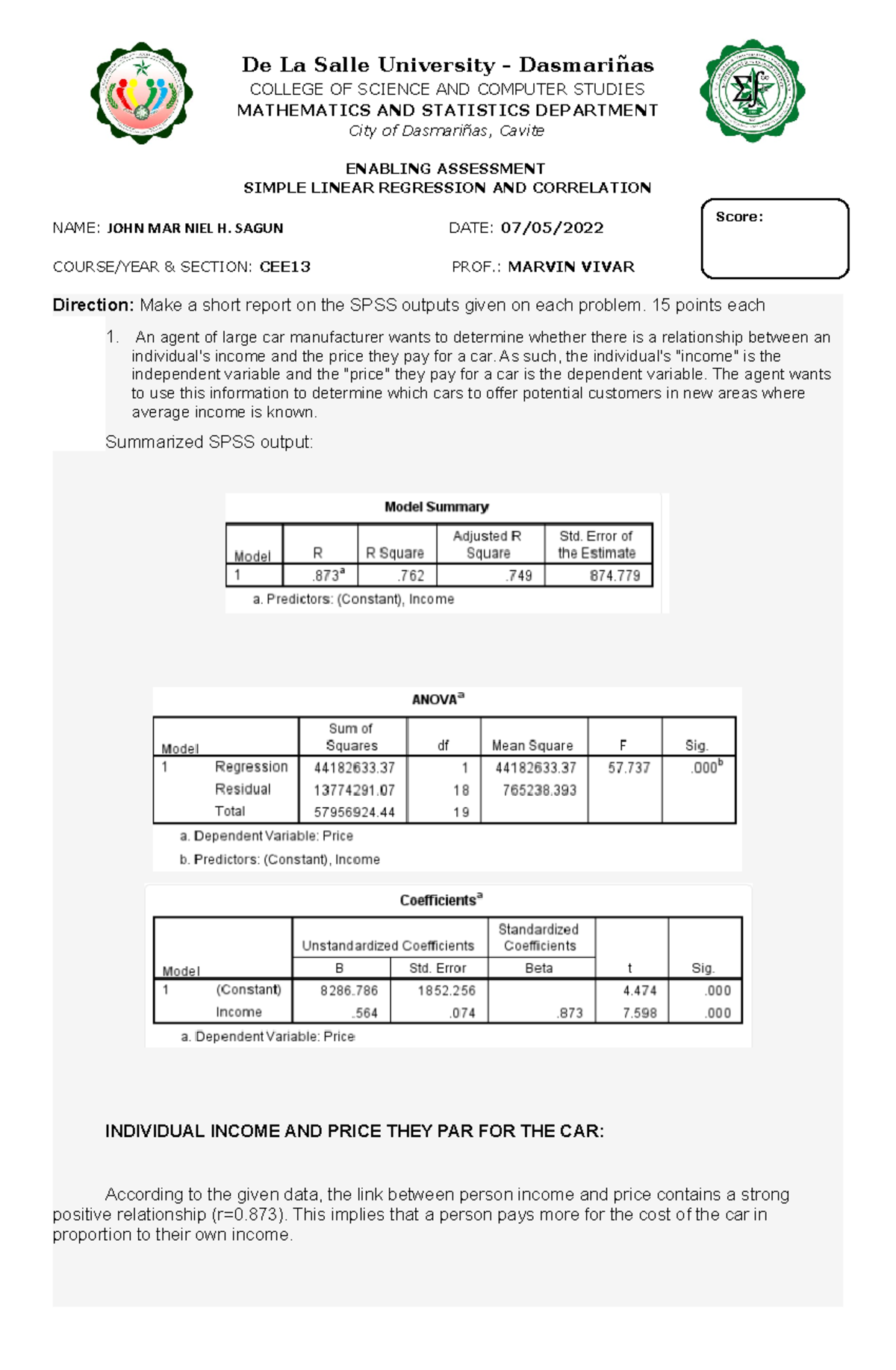 Enabling assessment in Simple Linear Regression and Correlation - De La ...