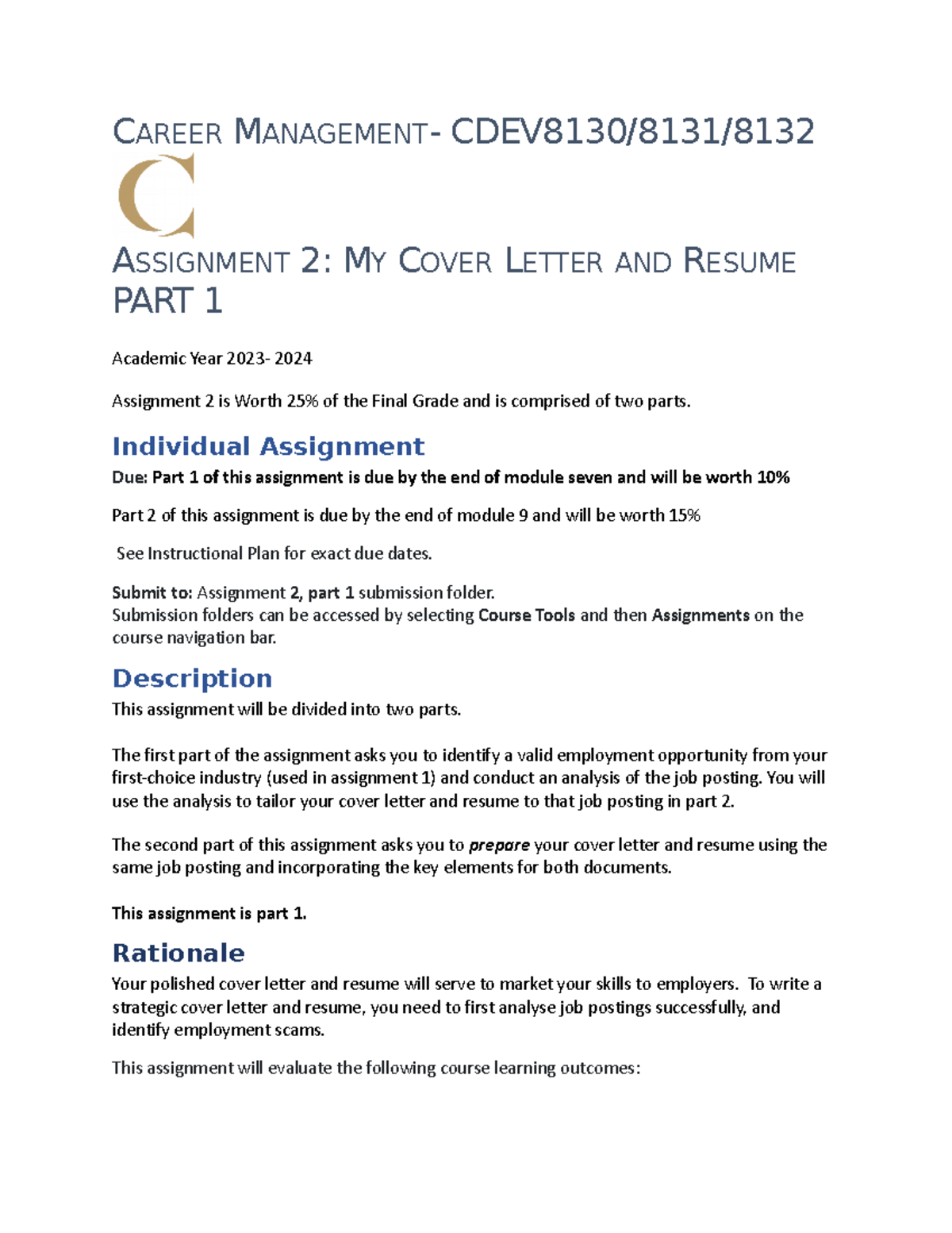 CDEV8130 Career Management Assignment 2-Part 1 My Cover Letter and ...