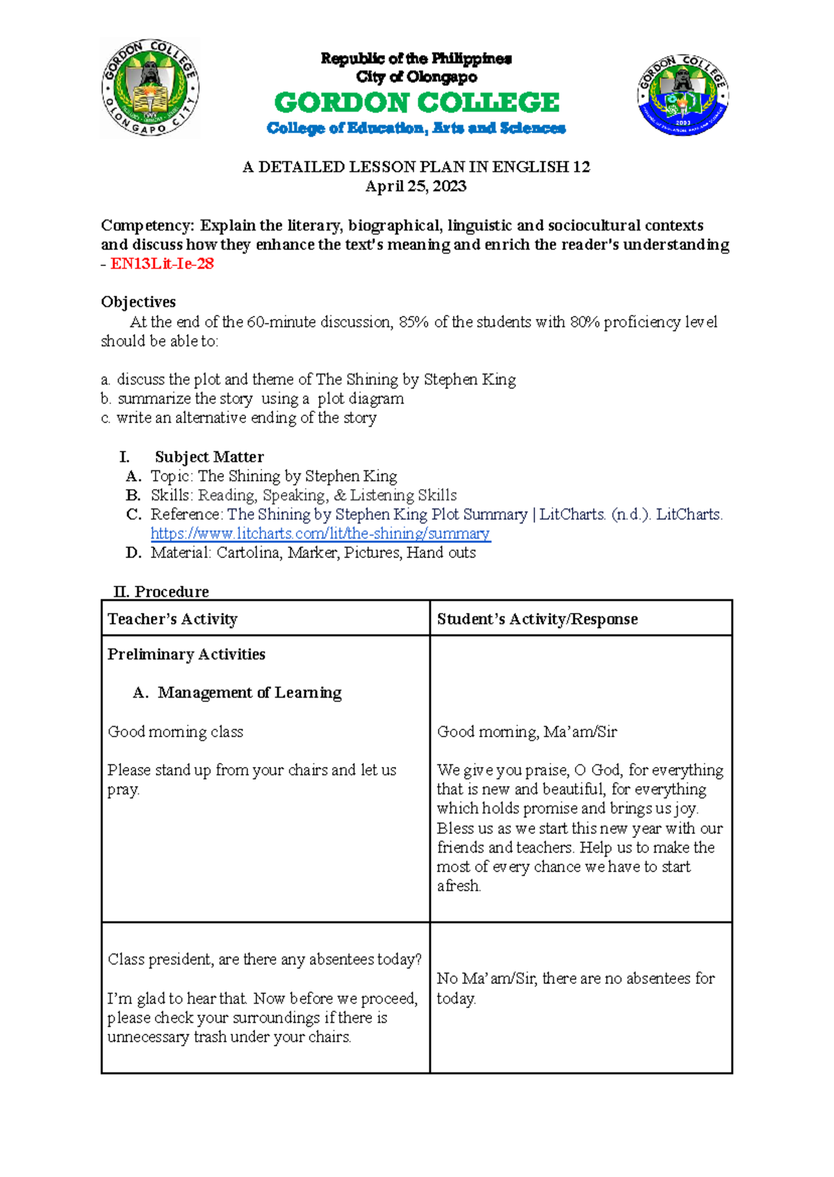 DLP THE Shining BY Stephen KING 12 - City of Olongapo GORDON COLLEGE ...