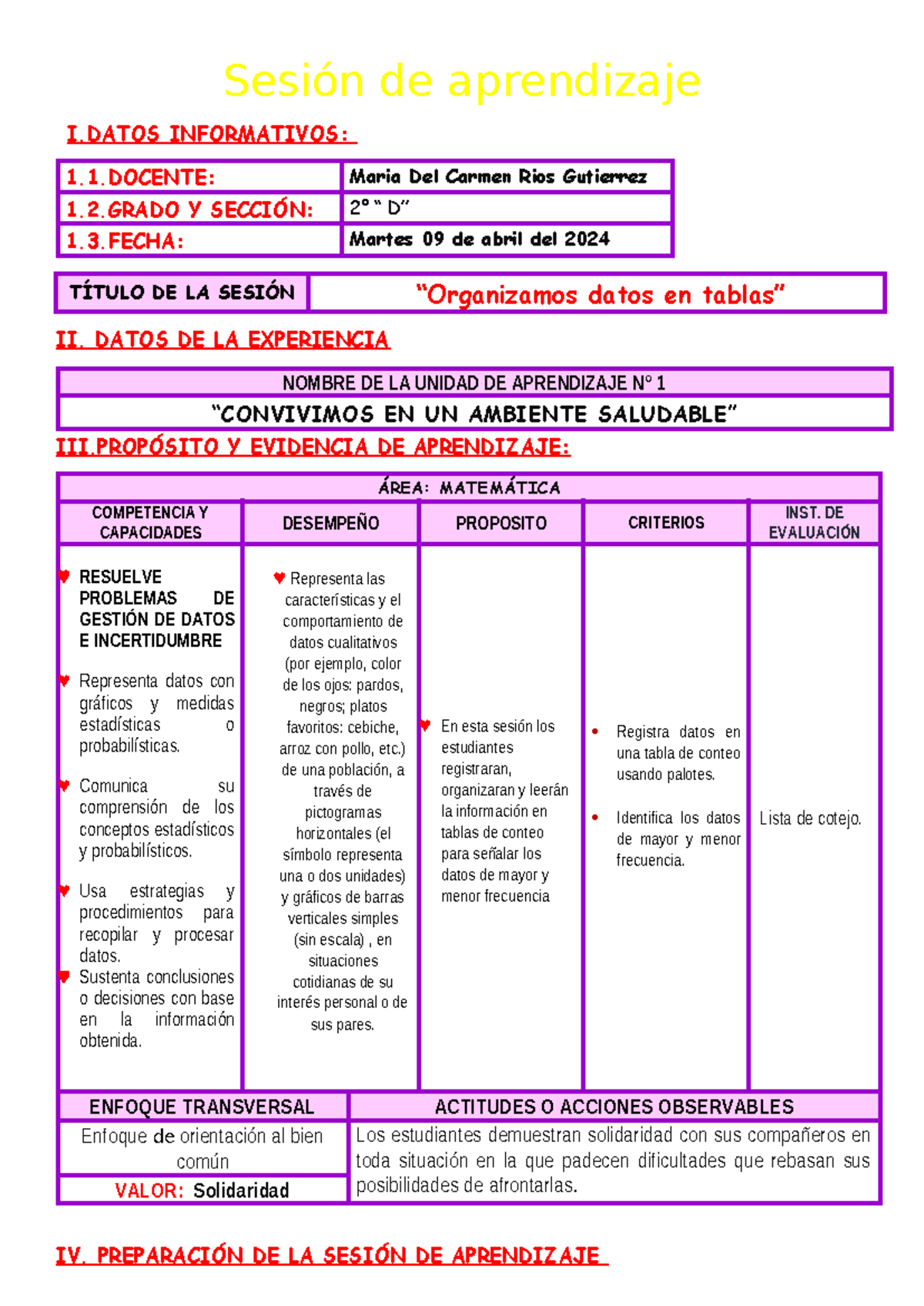 Sesión Organizamos LOS Datos EN Tablas Maestra Maria DEL Carmen - Sesión de aprendizaje I - Studocu