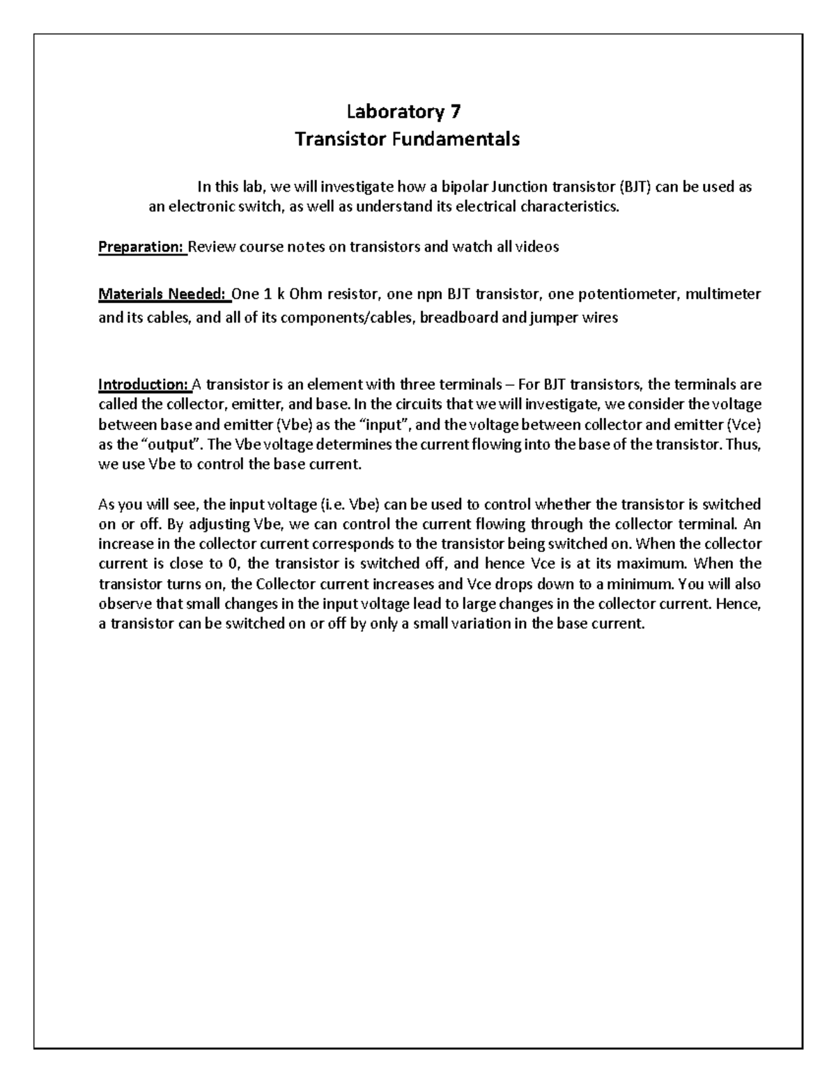 Laboratory 7 Fall 2023 - lab work - Laboratory 7 Transistor ...