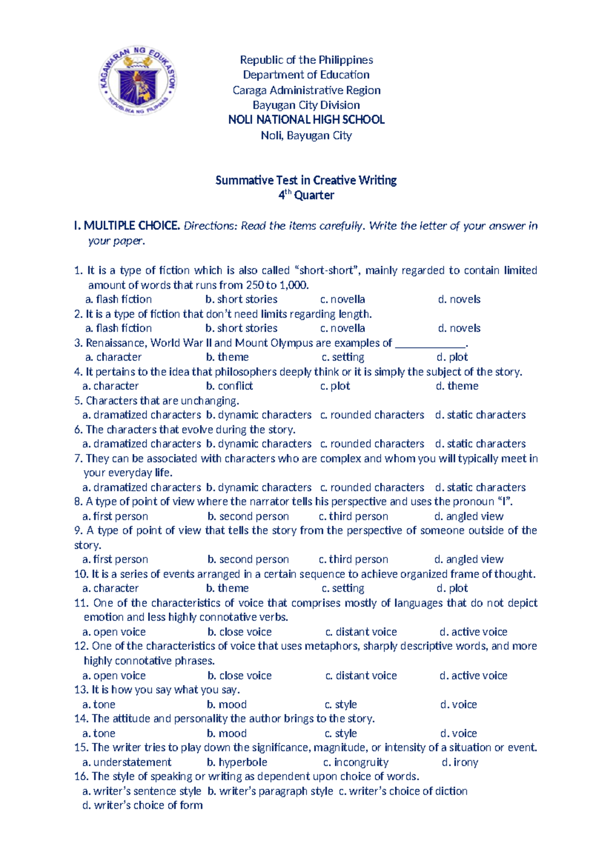 4th Summative Test Creative Writing Fiction - Republic of the ...