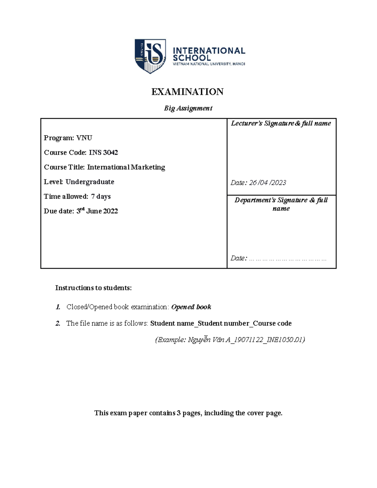 Final exam questions - Big assignment - EXAMINATION Big Assignment Program: VNU Course Code: INS ...