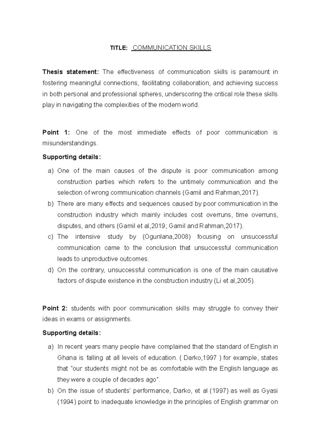 ELC Outline Communication Skills - TITLE: COMMUNICATION SKILLS Thesis ...